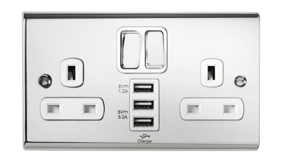 Deta SD1299CHW Socket 2 Gang Single Pole Switched + 3 USB Ports 13A Ch ...